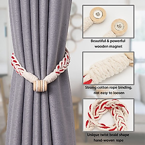 NICEEC 2 Pack Wood Strong Magnetic Curtain Tiebacks Boho Style Decorative Drape Tie Backs Natural Cotton Hand-Woven Soft Rope Curtain Holdbacks for Home & Office Draperies Decor (Beige & Red)