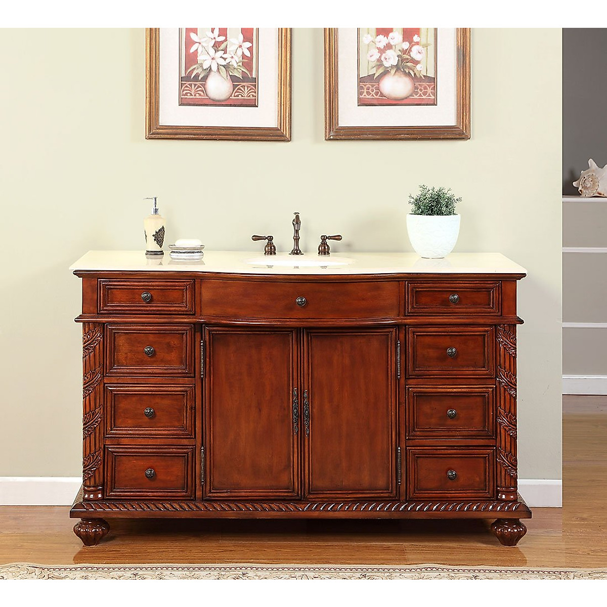 Silkroad Exclusive FS-0268-CM-UWC-60 Creamy Marble Stone Single Sink Bathroom Vanity with Furniture Cabinet, 60", Medium Wood