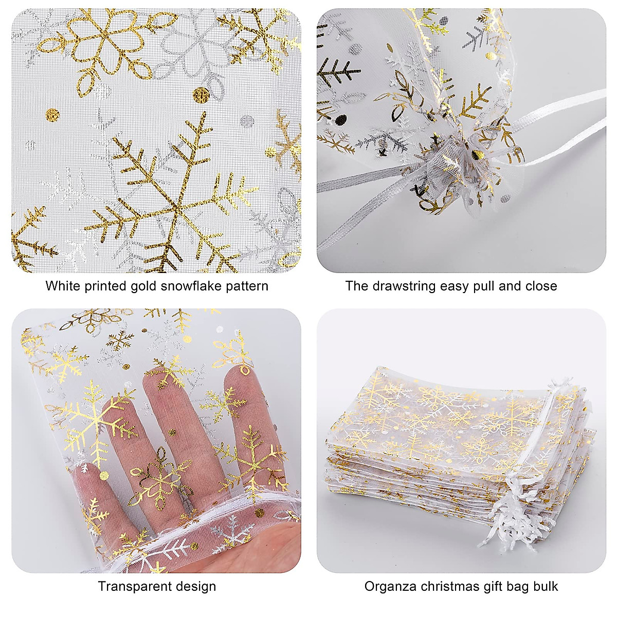 HongyiTime 100 PCS 4X6 inch Snowflake Organza Gift Bags Christmas, White Mesh Jewelry Pouches Little Drawstring Candy Bags