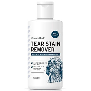 Tear Stain Remover for Dogs - 4 oz Solution - Dissolves Eye Buildup and Gunk, Reduces Staining - Water Based with Aloe Vera and Cucumber Extract - Chew + Heal