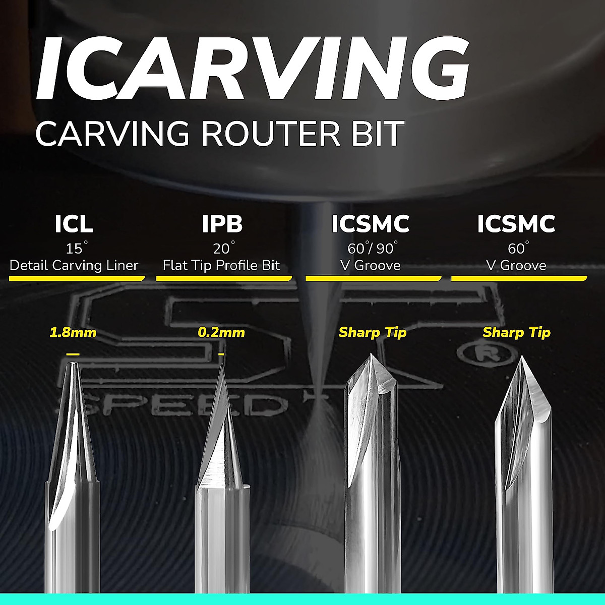 SPEED TIGER Carving Router Bit Set - ICARVE 60° & 90° V Groove, 15° Detail Carving Liner, 20° Flat Tip Profile Bit (4 Pieces) – Mill Bits Sets for DIYers & Professionals