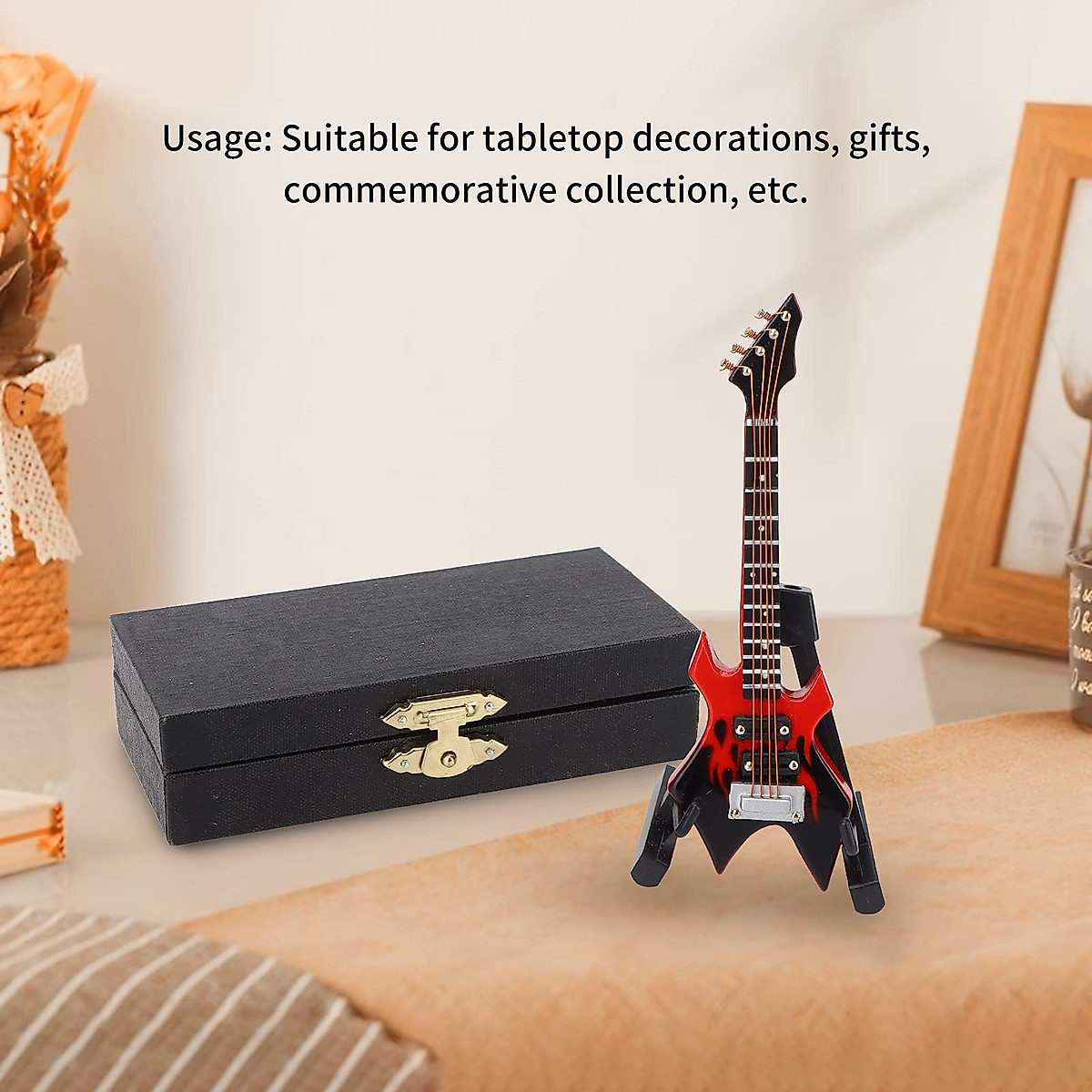 3.9in Miniature Bass Model, Dollhouse Mini Musical Instrument Guitar Model With Stand and Case (10cm Red Pointed Electric Bass)