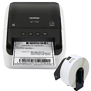 Brother QL-1100 Wide Format Wired Thermal Label Printer, Black - USB Connectivity, 4" Wide, 300 dpi, 69 Labels Per Minute Professional Monochrome Postage Barcode, Includes 1 Roll of 400 Address Labels