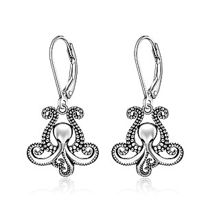 Octopus Earrings 925 Sterling Silver Tentacle Earrings Dangle Lever Back Retro Style Octopus Sea Kraken Nautical Ocean Halloween Gifts