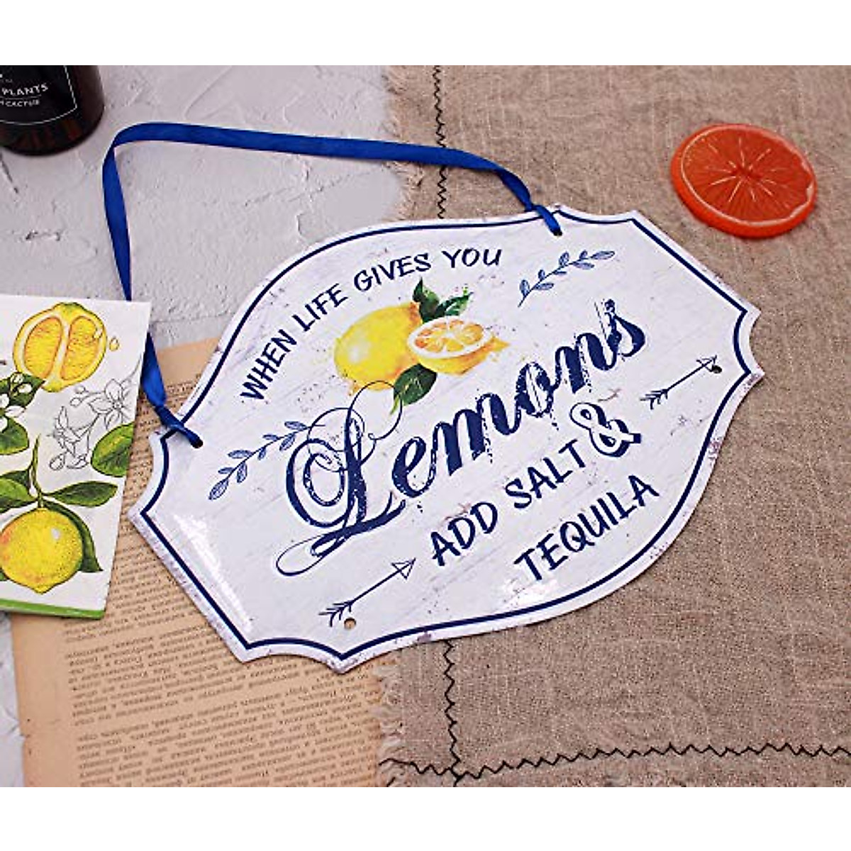 Funly mee Distressed Metal Tin Lemon Sign - When Life Gives You Lemons Add Salt -12.2×9.5(in)