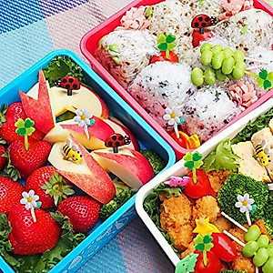 AIERSA Food Picks for Kids Bento Box, 16Pcs Reusable Cute Bees, Daisy, Four Leaf Clover, Ladybug Food Fruit Picks, Kids Lunch Bento Box Accessories