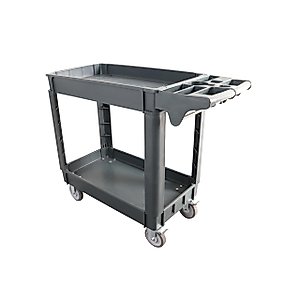 HIGOOD Utility Service Cart, 2-Shelf 500LBS Heavy Duty Plastic Rolling Utility Cart with 360° Swivel Wheels, Lipped Shelves, Ergonomic Storage Handle for Warehouse/Garage