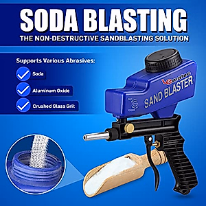 LE LEMATEC Sand Blaster Gun Kit for Air Compressor, Paint/Rust Remover for Metal, Wood & Glass Etching, Up to 150 PSI Blasting Media for Aluminum, Sand, Walnut Shells & Soda Blaster Jobs, Blue