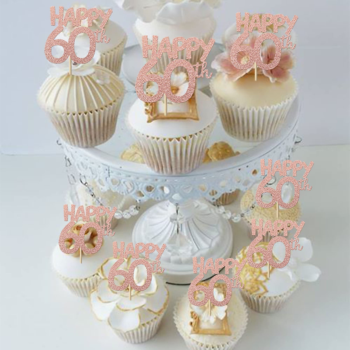 24 PCS Happy 60th Cupcake Toppers Glitter Sixty Cheers to 60 Fabulous Cupcake Picks Number 60 Birthday Cake Decorations for 60th Birthday Wedding Anniversary Retirement Party Supplies Rose Gold