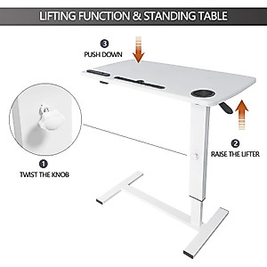 Over bed Table Pneumatic Adjustable Height Stand Desk with hidden Wheels USB Ports Pad slot Mobile Laptop Standing Desk Cart, Podium table (White, 32X16 inshes)