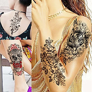 Yezunir 66 Sheets 3D Owl Tiger Flower Temporary Tattoos For Women Girls Arm Sleeve Thigh, Large Skull Lotus Snake Peony Rose Floral Temp Tattoo Sticker Adult, Fake Tattoos That Look Real and Last Long