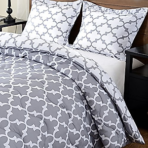 downluxe Lightweight Printed Comforter Set (King,Grey) with 2 Pillow Shams - 3-Piece Set - Down Alternative Reversible Comforter