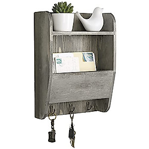 MyGift Wall Mounted Vintage Gray Solid Wood Entryway Key and Mail Organizer Holder and Display Shelf with 3 Hooks