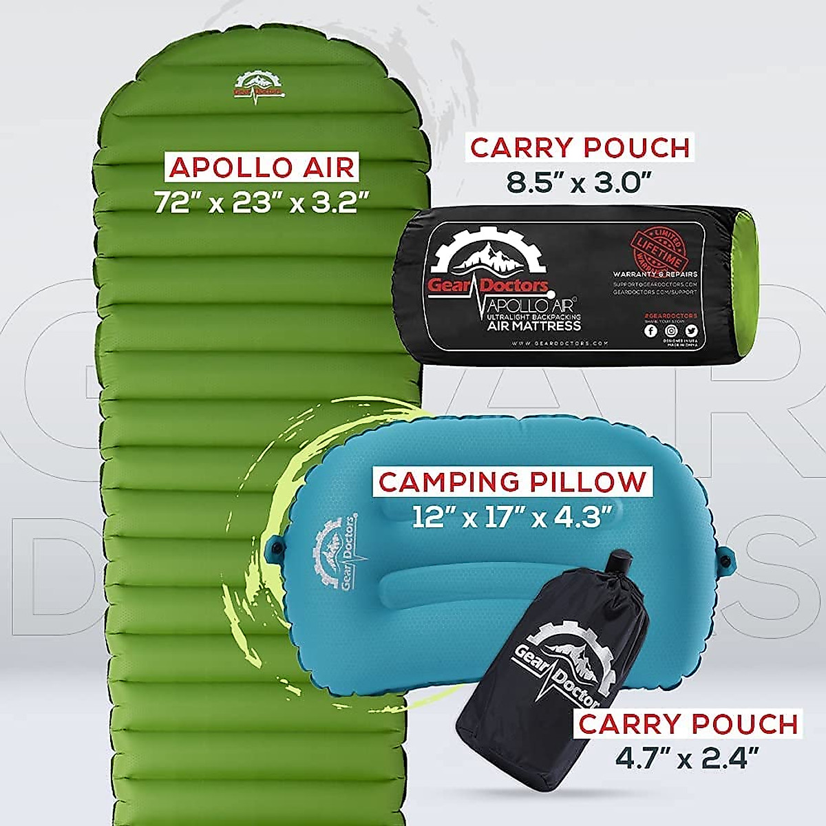 Gear Doctors Ultralight 17oz Apollo-Air Sleeping pad + Teal Anti Slip Camping Pillow Duo, 5.2 R-Value 4 Season Air Mattress with Ergonomic Ultralight Pillow The Size of A Soda Can