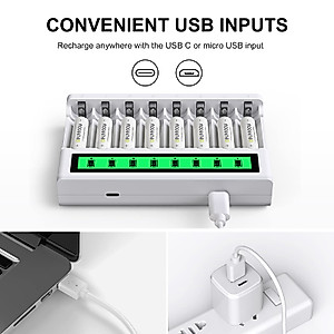 Deleepow Rechargeable AAA Batteries 1.2V Nimh 1100mAh Triple A Batteries of 8 Packs 1200 Cycles with 8-Bay LCD Charger