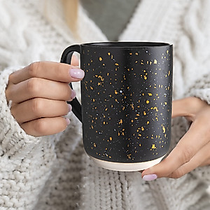 Belle Maison Set of 2 Stoneware Coffee Mugs- Stylish Printed Coffee Cups, Mugs for Tea, Latte, and Hot Chocolate, 16 oz (Black & White with Gold Flakes)