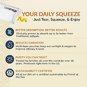 Coromega Omega 3 Fish Oil Supplement, 650mg of Omega-3s with 3X Better Absorption Than Softgels, Orange Flavor, 120 Single Serve Squeeze Packets