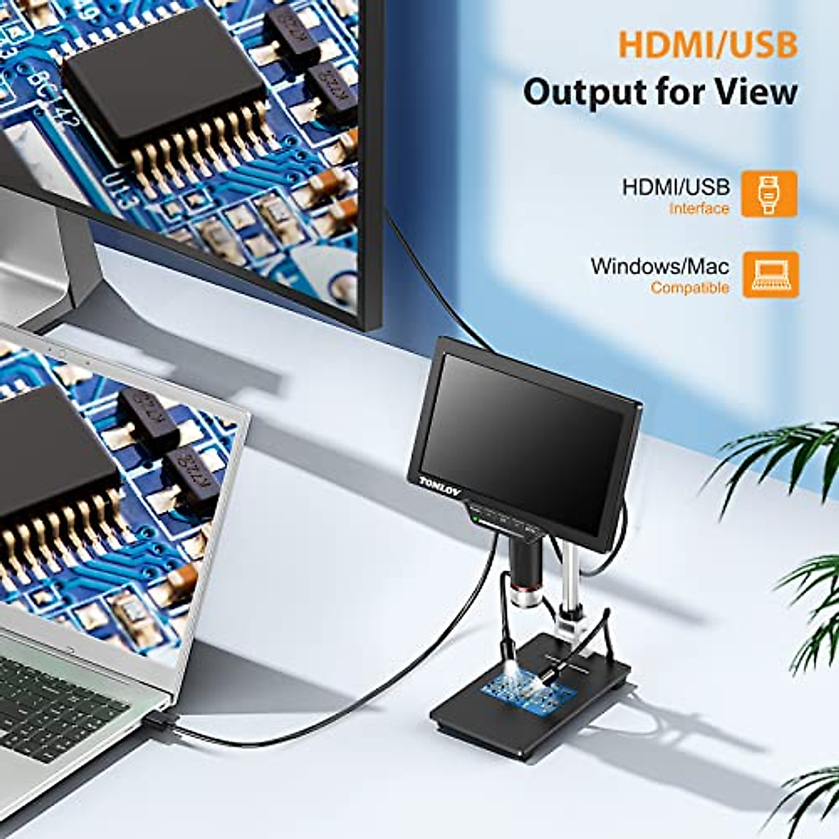 TOMLOV DM201 Pro HDMI Digital Microscope 1200X,10 Inch Stand Included, 7" LCD Digital Microscope,16MP Coin Micro Soldering Microscope with Screen, Windows/Mac OS/TV Compatible,32GB