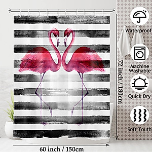 LB Cute Pink Flamingo Shower Curtain Black and White Striped Shower Curtain Set Simple Geometric Shower Curtains for Bathroom with Hooks,Waterproof Fabric 60x72inch