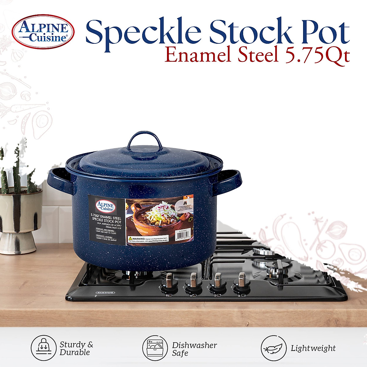 Alpine Cuisine Enamel Steel Dark Blue Speckle Stock Pot 5.75qt with Lid, Healthy Cookware Commercial Grade Stockpots, Multi Cooking Pot for Stew, Sauce & Reheat Food, Compatible for Family Meals