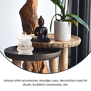 Operitacx Ceramic Holy Water Cup Buddhist Temple Water Bowls Tibetan Buddhist Worship Cup Lotus Printed Offering Cup with Tray for Home Buddhist Supplies White
