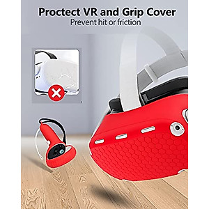 Hanpusen 4-in-1 Silicone Cover Set for Oculus Quest 2 Accessories, Controller Grips Cover, Anti-Fogging VR Face Cover,VR Headset Shell Protective Cover, Shakes Stick Caps Red
