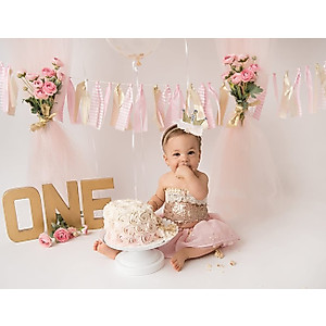 LINLULU 1st Birthday Crown Headband for Baby Girls - Elastic Pink Glitter Mini Crown, Princess Crown Headband, Tulle Bow Crown Baby Headband, Cake Smash Photo Prop (pink baby headband)