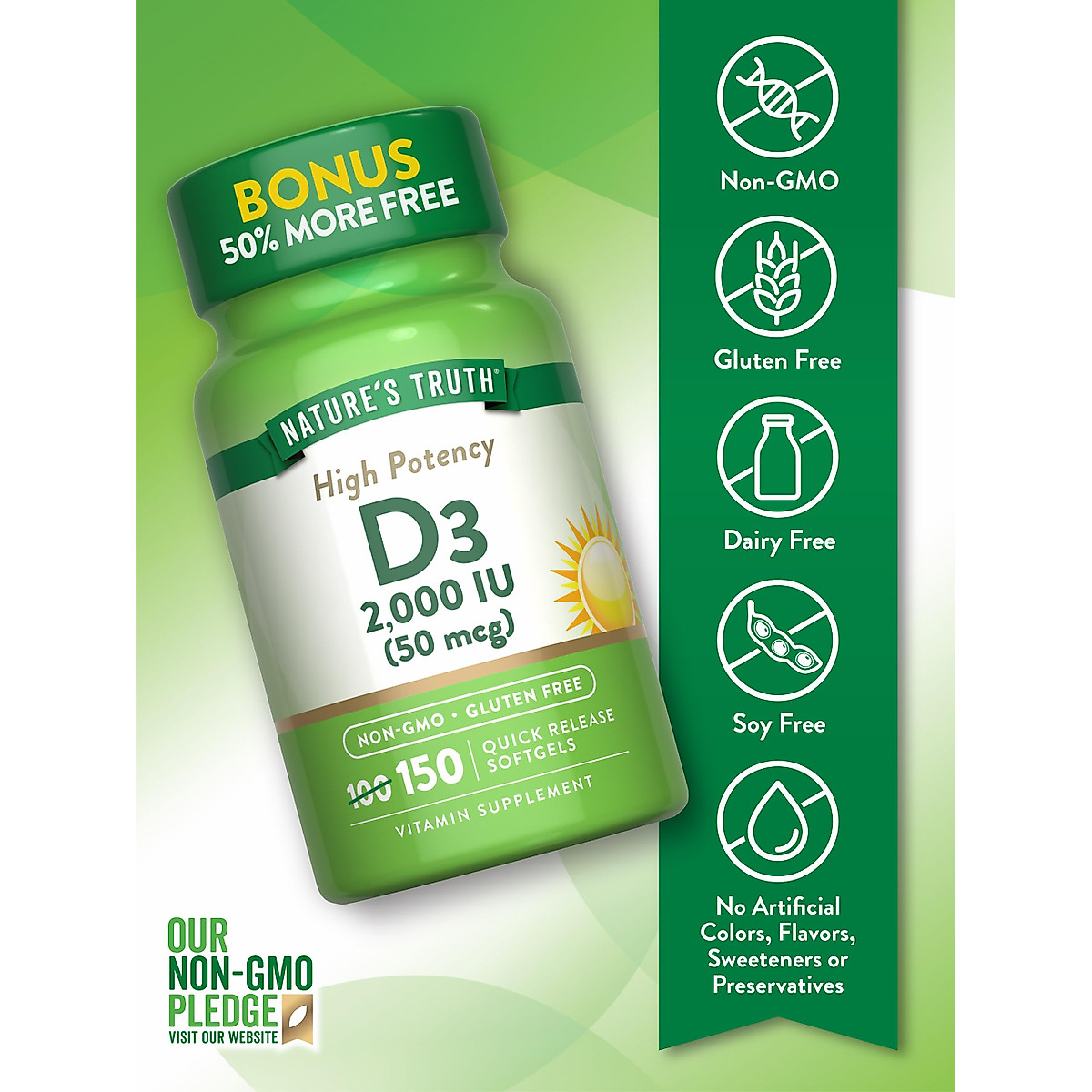 Nature's Truth Vitamin D3 2000 IU Softgels | 150 Count | High Potency | Non-GMO and Gluten Free Supplement