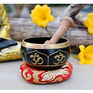 Yoga Meditation Om Peace Singing Bowl/Red Velvet OM Cushion/Wooden Mallet Set