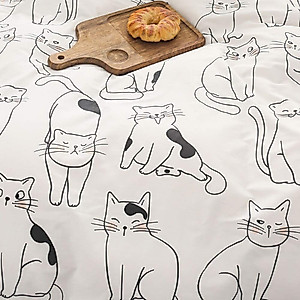 BlueBlue Cats Kids Duvet Cover Set Full Queen, 100% Cotton Bedding for Boys Girls Teens, Cartoon Cats Pattern Print on White, 1 Full Comforter Cover 2 Pillow Shams (Queen, Cute Cat)