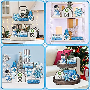Guoofu Winter Tiered Tray Decor, Farmhouse Tray Decorations, Winter Wonderland Snowman Gnome Snowflake Wooden Signs, Rustic Winter Decor for Home Table Mantel Office Holiday Party