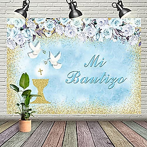 7x5ft Mi Bautizo Backdrop for Boy Baptism Gold Bless Background Blue Flower Golden Dots Photography Baby Shower Banner Party Decorations Floral Newborn Baby Shower Photo Booth Props