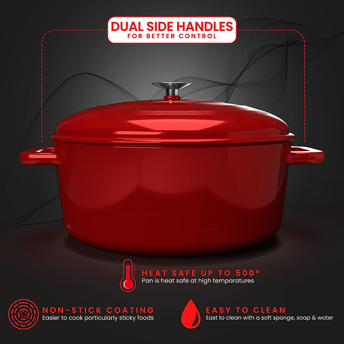 6 Quart Enameled Cast Iron Dutch Oven Pot with Lid — Round Enamel Coating, Safe up to 500° F, Dual Side Handles, Ideal for Baking, Roasting and Cooking — Oven Compatible & Easy to Clean — Red