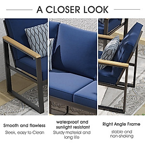 Temminkii Outdoor 4 Pieces Furniture Sets Modern Aluminum Patio Conversation Sets Sectional Sofa w Blue Cushion Faux Wood Grain Frame Coffee Table for Garden Courtyard Poolside