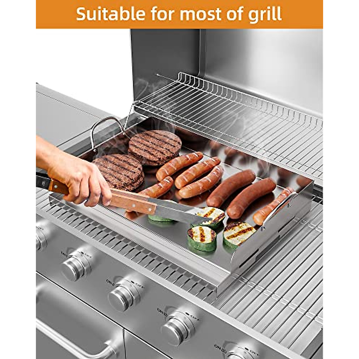 RIEDHOFF 17" x 13" Griddle, [430 Stainless Steel] Flat Top Rectangular Plate with 2 Barbecue Spatula for Charcoal/Gas Grills, Parties, Camping