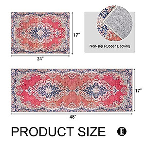 DECOMALL Washable Kitchen Rugs and Mets Set, 2 Piece Kitchen Rug Runner with Rubber Backing Non-Slip, Red Rug for Washroom, Door Mat, Sink, Laundry, Hallway, Machine Washable Mat ThinRed