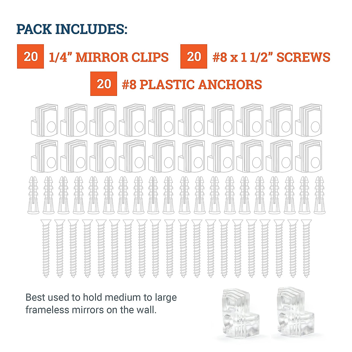 Clear Mirror Clips for Frameless Mirrors - Holds 1/4" Thick Glass - Pack of 20 Includes Anchors and Screws Kit
