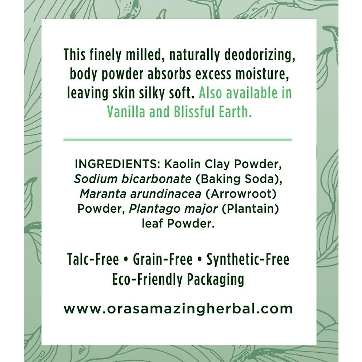 Fragrance Free Body Powder for Women and Men, Unscented Talc Free Talcum Powder, Cornstarch Free Dusting, Waxing, Natural Sugaring, Foot Powder, Dry Shampoo, Made in USA, Ora’s Amazing Herbal, 2.5 oz