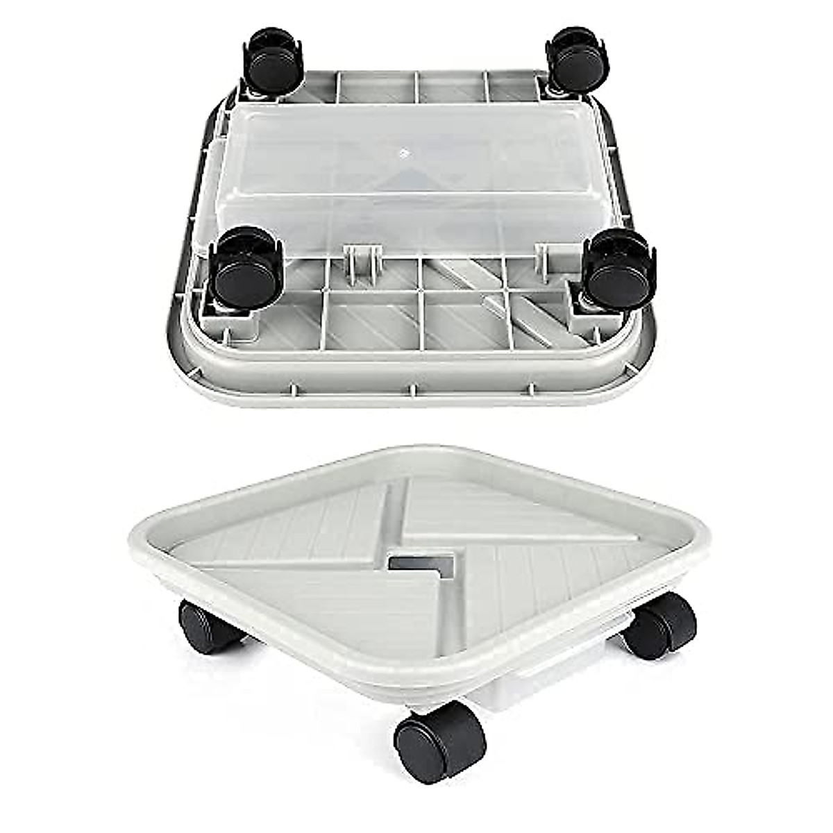 BangQiao 2 Pack 8.80 Inch Base Width Gray Plastic Square Plant Caddy with Wheels, Drainage,and Water Container, Rolling Pot Dolly Trolley Stand Holder Pallet with Caster for Indoor Outdoor Planter