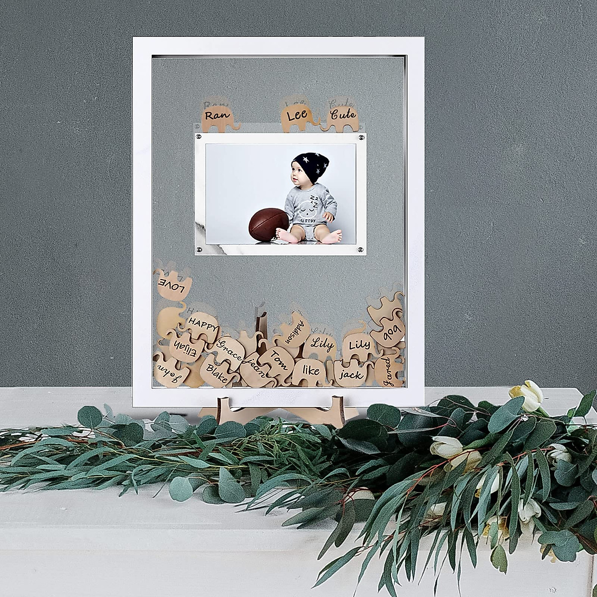 Bucherry Baby Shower Guest Book Alternatives Baby Shower Decor Baby Shower Guestbook Sign Frame with Elephant Sign for Boy Girl Gender Reveal Memory Keepsake Gift Favor, 15 x 12 Inch, White/Clear