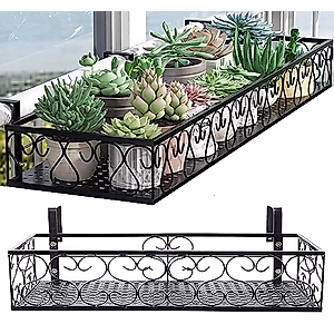 QUMENEY Metal Railing Planter with Hooks, Iron Hanging Planter Basket, Balcony Plant Holder Fence Hanging Bucket Pot Flower Holder for Outdoor Garden Porch Patio (Black, 23.6 x 7.8 x 4.7 Inch)