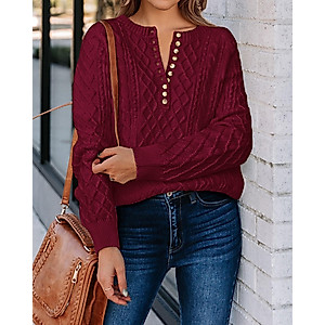 KIRUNDO Womens Sweaters 2024 Fall Winter Henley Long Sleeve Button Crew Neck Cable Knit Loose Cropped Sweater Pullover(Jujube Red, Large)