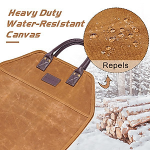 G GOOD GAIN Firewood Carrier Waxed Canvas with Leather Handles, Wood Carrier for Firewood, 36x18.5 in Heavy Duty Firewood Storage Tote, Fireplace Log Carrier Indoor Bag, Wood Stove Accessories. Khaki