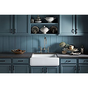 KOHLER K-6487-0 Whitehaven Farmhouse Self-Trimming 29-11/16" x 21-9/16" x 9-5/8" Front Undermount Single-Bowl Kitchen Sink with Tall Apron, 30 Inch, White
