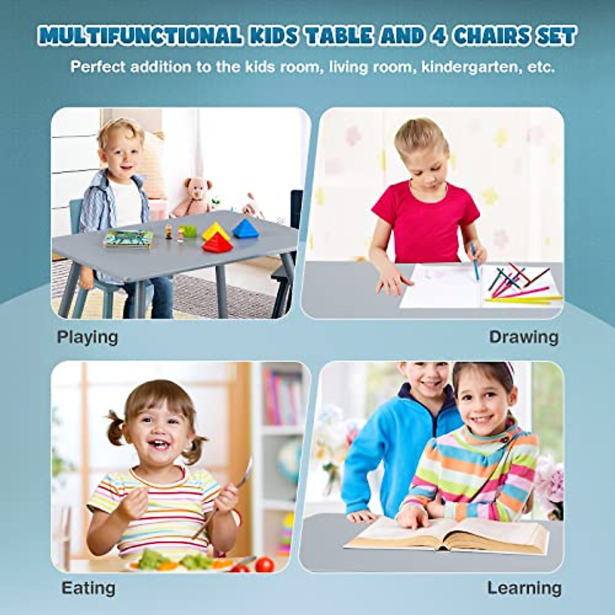 HONEY JOY Kids Table and Chair Set, Pine Wood Toddler Table and 4 Chair Set w/Building Blocks, 5 Pieces Children Furniture Set for Daycare, Classroom, Playroom, Gift for Boys Girls (Blue)