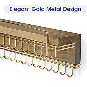 J JACKCUBE DESIGN Rustic Wood Wall Mounted Jewelry Organizer with 30 Gold Metal Hooks Display Shelf Storage for Necklaces, Bracelets, Earrings, Bows and more - MK626A
