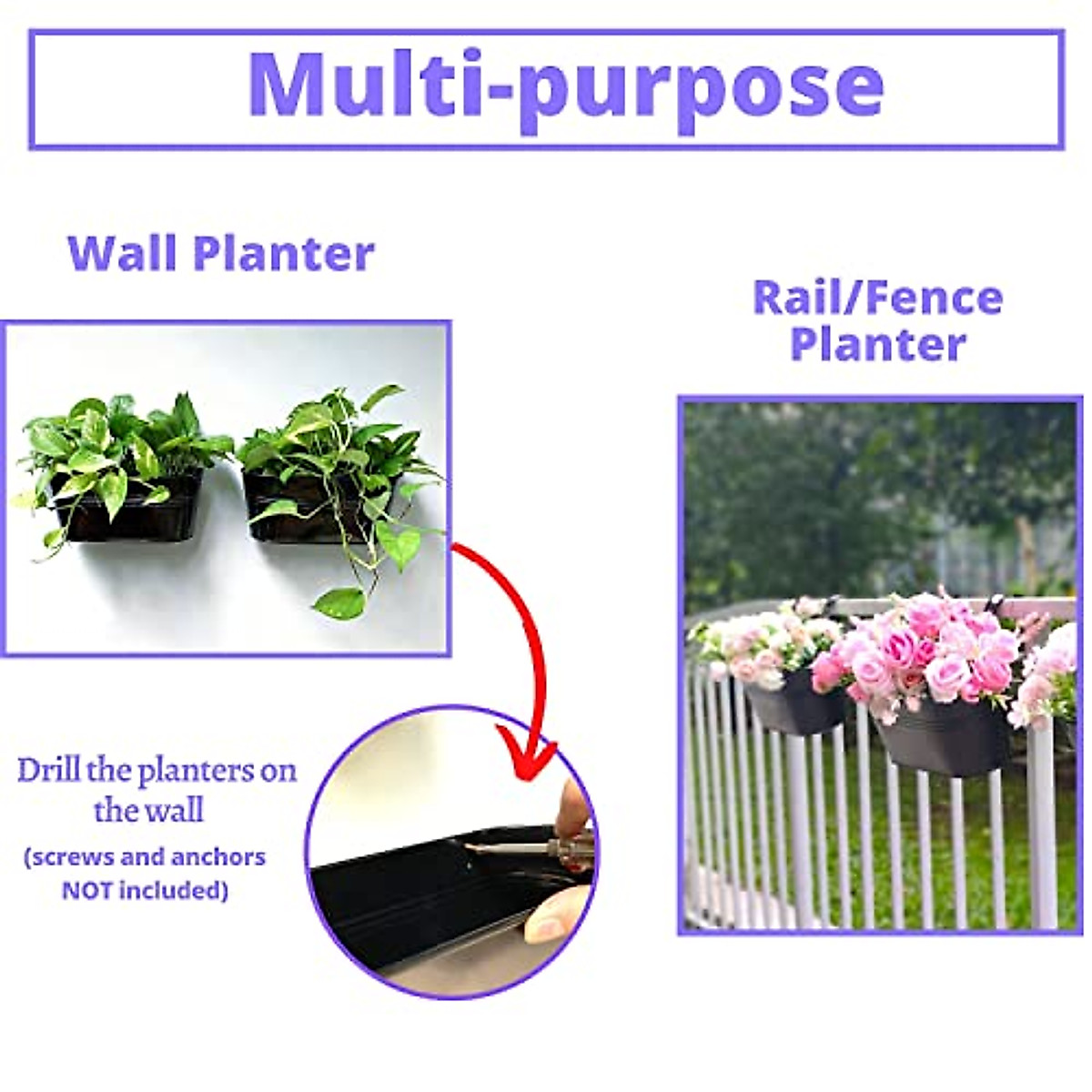 LaLaGreen Outdoor Rail Planter - 6 Pack, 11.2 Inch Black Metal Iron Hanging Flower Pots Deck Railings Fence Buckets Modern Countryside Boho Style Wall Mount Window Box Plant Holder Hooks Porch Decor