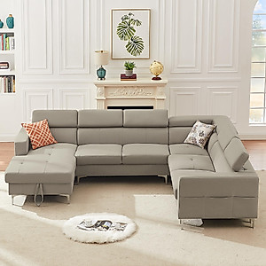 HAUSHECK 3 Piece Sofa U Shape Sectional Couches with Headrests Adjustment, Left Chaise with Storage, Linen Fabric, Living Room Furniture Set, 120" D x 94.5" W x 36.2" H, Smoke
