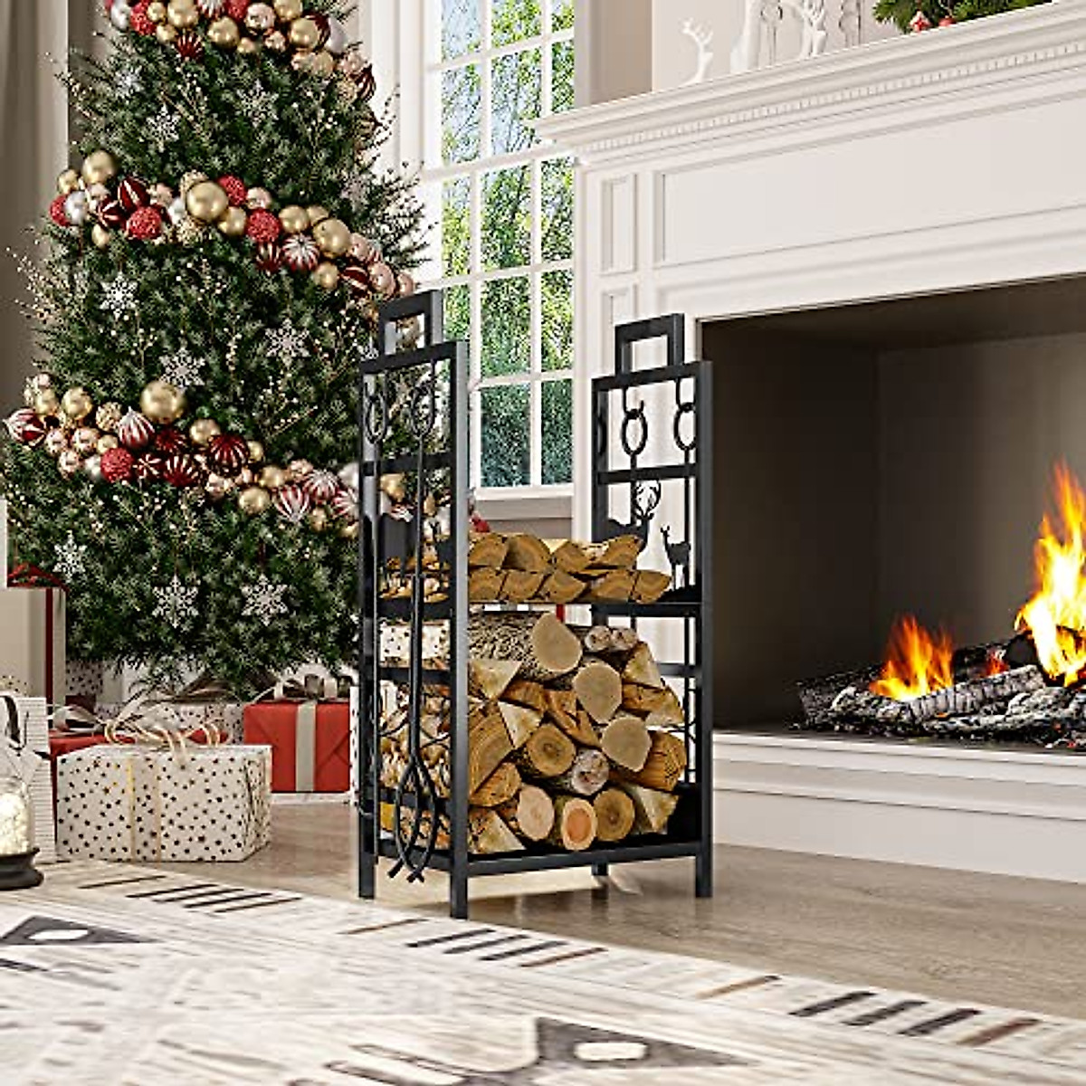 YITAHOME 2.6x1.3ft Firewood Rack Tools Set Wood Log Holder for Fire Place Outdoor Indoor Accessories - 2 Layer Iron with Brush, Shovel, Tong, Hook, Lumber Kit Storage Stacking, Black