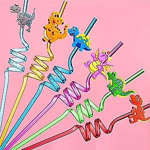 ULIFEMALL Reusable Drinking Straws, Dinosaur Party Favors Party Decorations Dinosaur Plastic Straws Safari Jungle Kids Birthday Dinosaur Party Supplies for Family or Party Use - Pack of 6